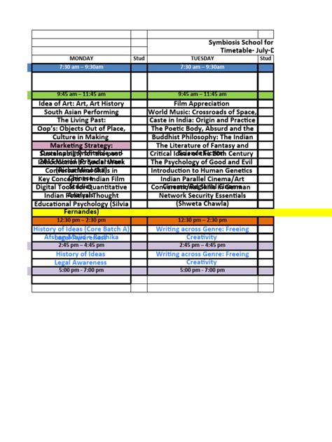 1st Year Time Table Jul Dec 2024 Pdf Liberal Arts Education