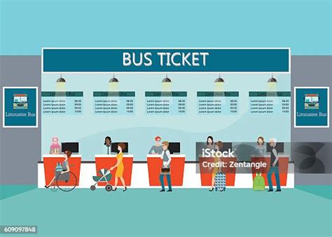 카운터 서비스에서 티켓을 구입하는 사람들과 버스 터미널 객차에 대한 스톡 벡터 아트 및 기타 이미지 객차 거리 건물 외관 Istock