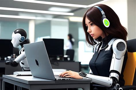 Premium Ai Image Woman Robot Working With Laptop In The Office Instead Of Humans