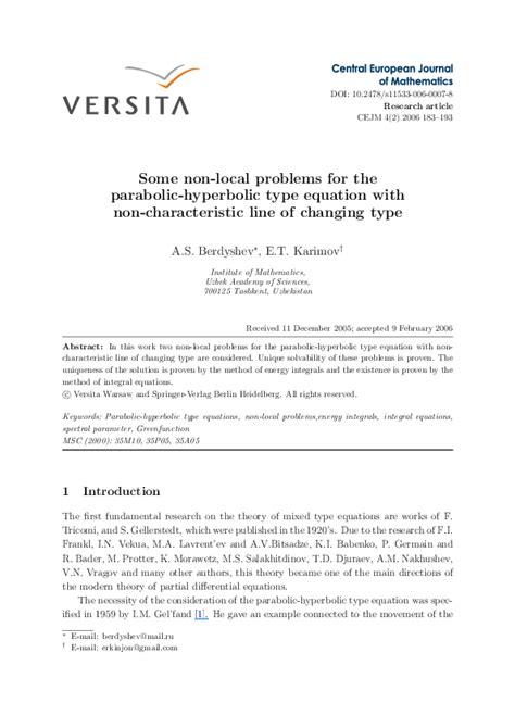Pdf Some Non Local Problems For The Parabolic Hyperbolic Type Equation With Non Characteristic