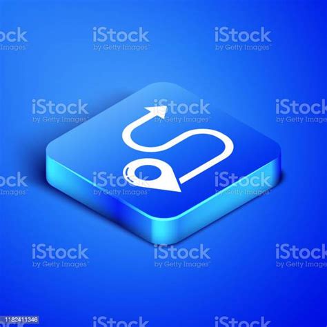 파란색 배경에서 격리된 등각 투영 경로 위치 아이콘입니다 지도 포인터 기호입니다 경로 또는 도로의 개념입니다 Gps 네비게이터 파란색 사각형 버튼입니다 벡터 일러스트레이션