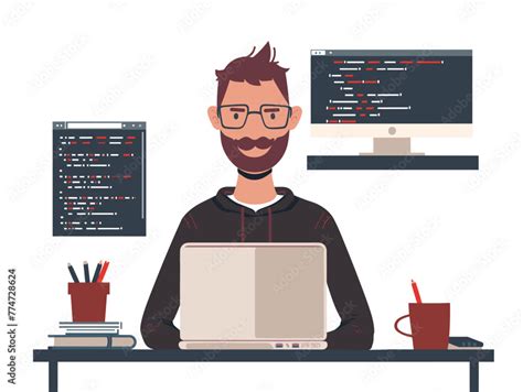 White Background Attending A Coding Bootcamp In The Style Of Animated Illustrations Full Body
