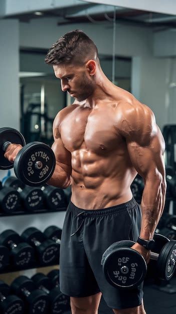 Shirtless Man Doing Bicep Tricep Curls With Dumbbells In Gym Strength Workout Premium AI