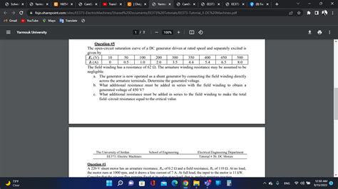Solved Ouestion 5 The Open Circuit Saturation Curve Of A Dc
