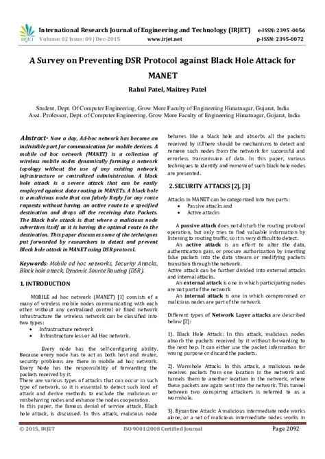 Pdf A Survey On Preventing Dsr Protocol Against Black Hole Attack For