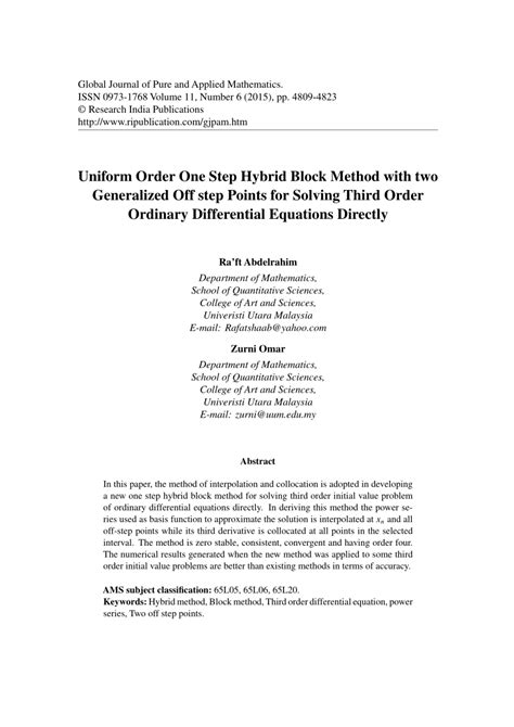 pdf uniform order one step hybrid block method with two generalized