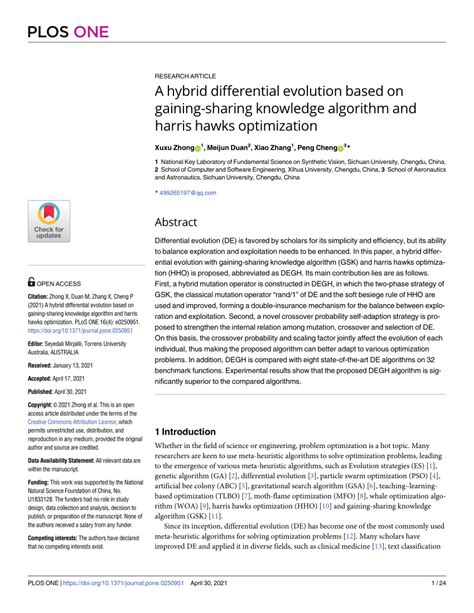 Pdf A Hybrid Differential Evolution Based On Gaining‑sharing Knowledge Algorithm And Harris