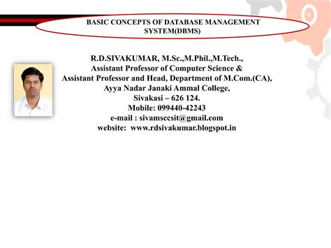 basic concepts of dbms r d sivakumar ppt