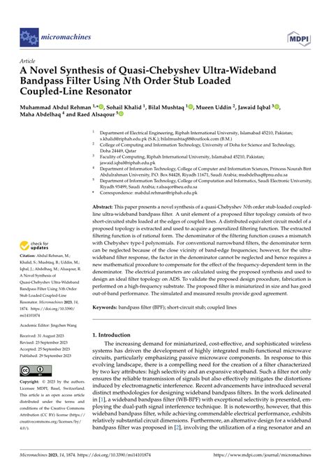 Pdf A Novel Synthesis Of Quasi Chebyshev Ultra Wideband Bandpass Filter Using Nth Order Stub