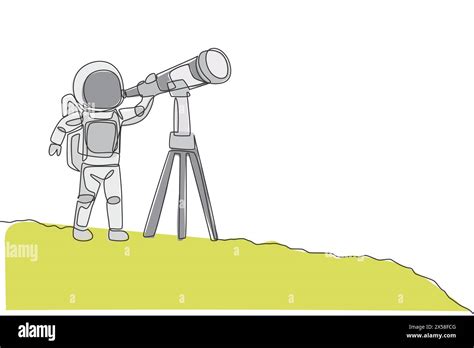One Continuous Line Drawing Of Young Happy Astronaut Looking Galaxy Using Telescope In Moon