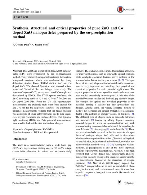Pdf Synthesis Structural And Optical Properties Of Pure Zno And Co Doped Zno Nanoparticles