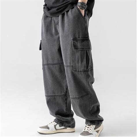 어바넬 빈티지 워싱 카고 남성데님 팬츠 와이드 흑청 오버핏 청바지 밴딩 청바지 건빵바지 데님카고바지