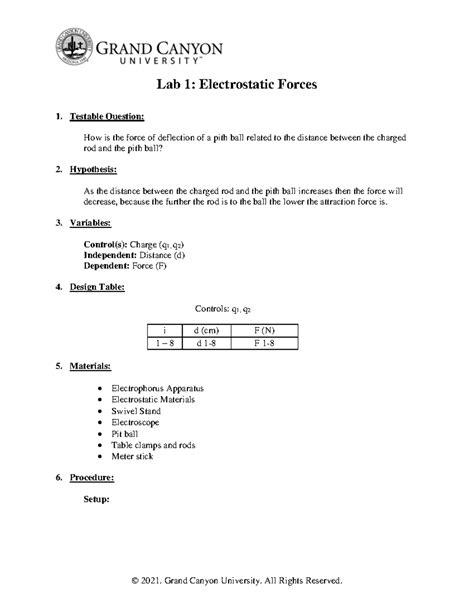 PHY112L Lab 1 Investigating Electrostatic Forces And Distance Effects Studocu