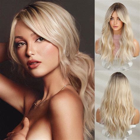 Honygebia Wavy Blonde Wig With Bangs Ombre Curtain Bang Wigs For
