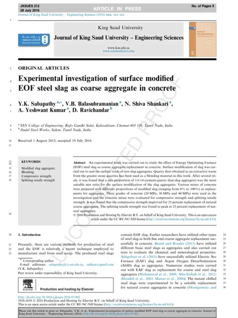 Experimental Investigation Into The Use Of Surface Modified Energy Optimizing Furnace Steel Slag