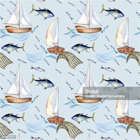 바다 물고기와 범선 수채화 그림의 매끄러운 패턴은 파란색으로 분리되어 있습니다 어선 바다 파도와 참치 손으로 그렸습니다 섬유