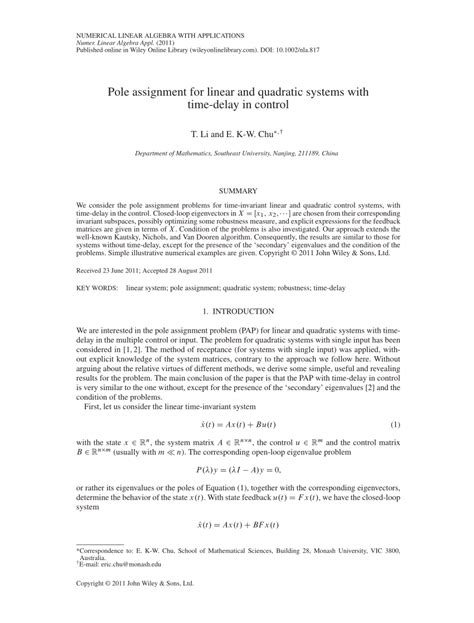 Pdf Pole Assignment For Linear And Quadratic Systems With Time‐delay