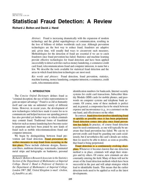Statistical Fraud Detection A Review Pdf Fraud Credit Card