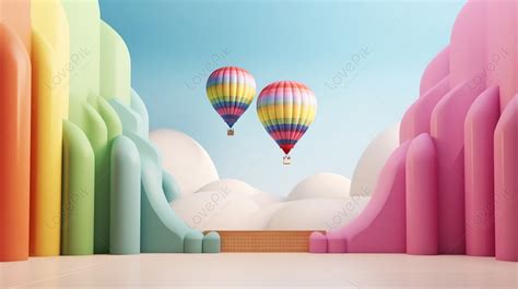 3d 렌더링 상업 디자인 배경의 화려한 무지개와 열기구 빈 연단 디스플레이 화려 배경 연단 배경 빈 풍선 배경 이미지