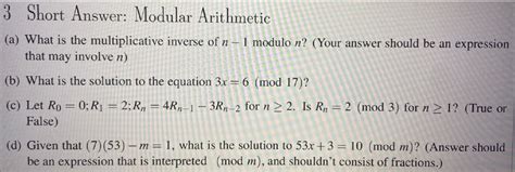 Solved Short Answer Modular Arithmetic A What Is The Chegg