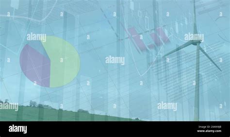 Image Of Financial Data And Graphs Over Landscape With Wind Turbines Copy Space Environment