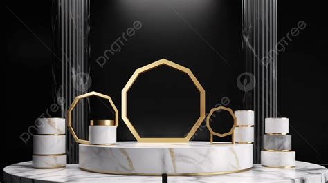 프레젠테이션을 위한 흰색 대리석 금실린더 스테이지 단상 및 황금 육각형 링 장식 3d 렌더링이 있는 검은색 배경 호화 연단 3d 스탠드 최소한의 장면 배경 일러스트 및
