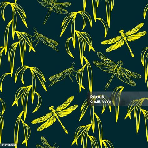 잠자리와 나뭇잎 열대 나뭇잎 잠자리와 원활한 패턴 벡터 벡터에 대한 스톡 벡터 아트 및 기타 이미지 벡터 잠자리 실루엣 Istock