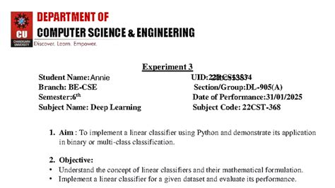 Dl 3 Experiment Implementing Linear Classifiers In Python Studocu