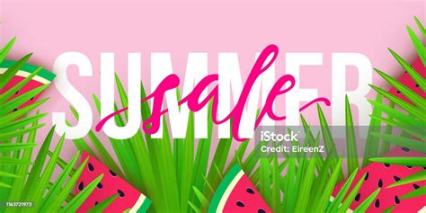 벡터 여름 판매 유행 배너입니다 열대 야자수 잎과 수박 조각과 현대 다채로운 배경 0명에 대한 스톡 벡터 아트 및 기타 이미지