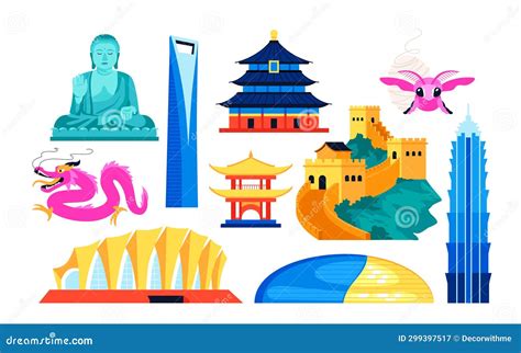 Antiquities And Features Of China Flat Design Style Objects Set Stock Illustration