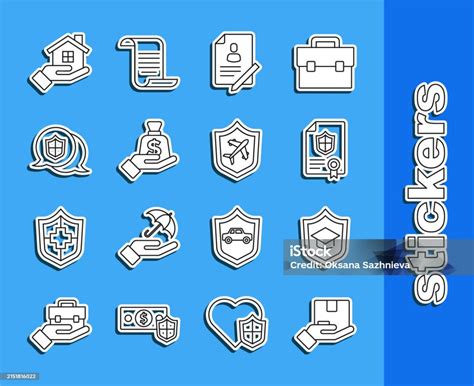 세트 라인 배달 보험 방패와 졸업 모자 계약 문서 돈 손 위치 집 및 비행기 아이콘 벡터 가방에 대한 스톡 벡터 아트 및 기타 이미지 Istock