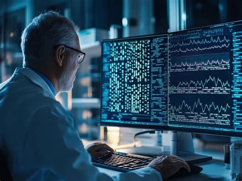 Bioinformatics Visualized By A Scientist Working With Genomic Data On A Computer Interpreting