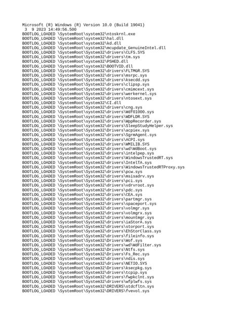 windows 10 boot log documenting the loading of system drivers and files during the startup