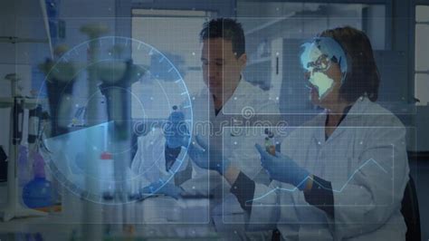 In Lab Scientists Working With Animation Of Digital Data And Globe Overlay Stock Footage