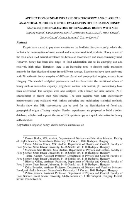 Pdf Application Of Near Infrared Spectroscopy And Classical Analytical Methods For The