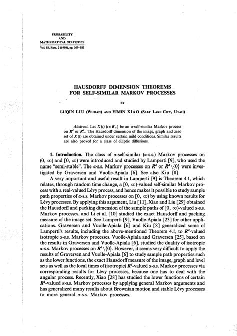 Pdf Hausdorff Dimension Theorem For Self Similar Markov Processes