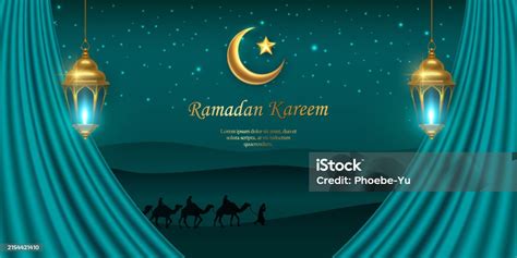 3d 이슬람 황금 등불 별 달 새틴 커튼 장식 밤 배경에 사막 풍경 라마단 라야 하리 이드 알 아드하 이슬람 휴일에 적합