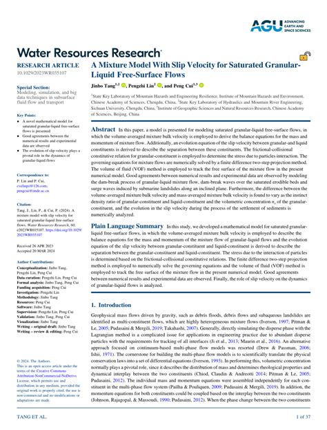 Pdf A Mixture Model With Slip Velocity For Saturated Granular‐liquid Free‐surface Flows