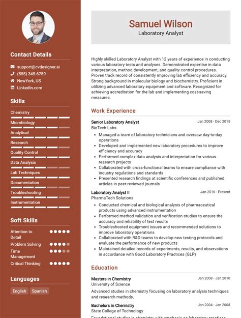Laboratory Analyst Cv Example For 2024 Professional Cv Templates Cvdesignerai