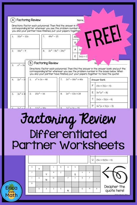 Free Differentiated Partner Worksheets Factoring Review Gcf Trinomials