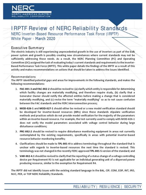 Irptf Review Of Nerc Reliability Standards Pdf Reliability Engineering Electric Power