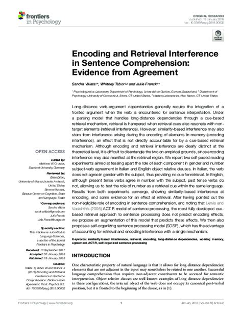 Pdf Encoding And Retrieval Interference In Sentence Comprehension Evidence From Agreement