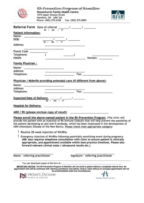 Rh Prevention Program Of Hamilton Referral Form Printable Pdf Download