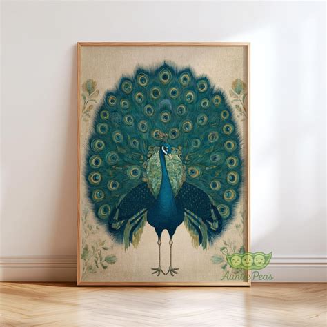 Vintage Peacock Wall Art Elegant Bird Print Teal Blue Peacock Artwork