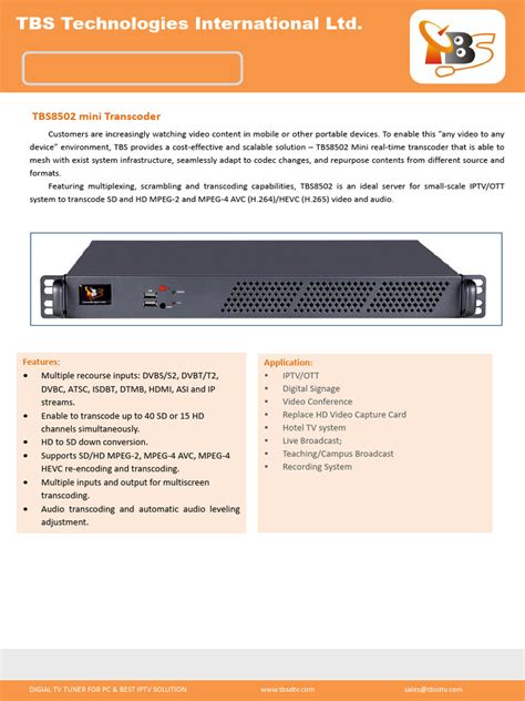 Tbs8502 Real Time Mini Transcoder Data Sheet Pdf Digital Television Media Formats