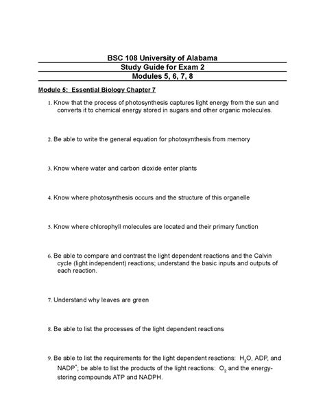 Exam 2 Study Guide - BSC 108 University of Alabama Study Guide for Exam 2 Modules 5, 6, 7, 8 ...