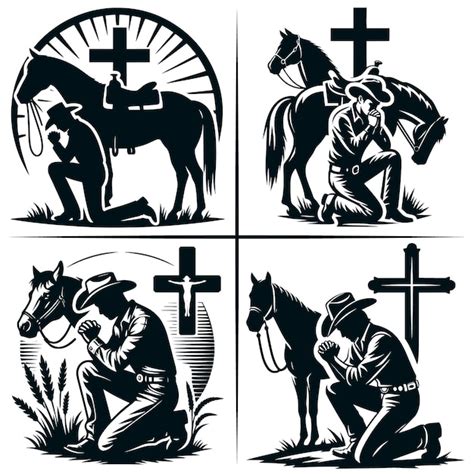 Ковбой молится на кресте Ковбой на коленях Файлы Ковбойская лошадь Svg Иисус Христос Премиум