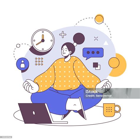 노트북 앞에 앉아 있는 여자 컴퓨터 화면 근처에서 명상을 하는 프리랜서 집에서 일하는 만화 소녀의 벡터 삽화 격리에 온라인 직원 바닥재에 대한 스톡 벡터 아트 및 기타