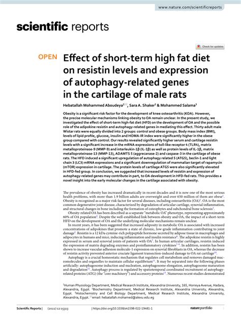 Pdf Effect Of Short Term High Fat Diet On Resistin Levels And