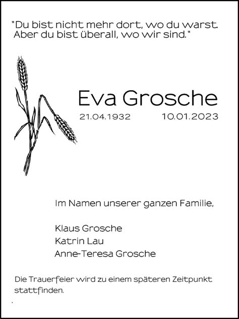 Traueranzeigen Von Eva Grosche Trauer Anzeigen De